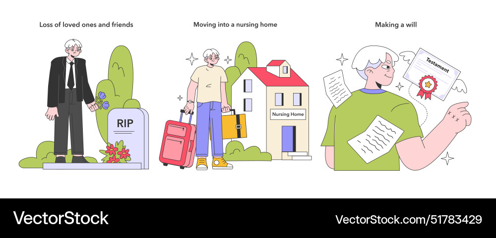 Senior life milestones set getting old Royalty Free Vector