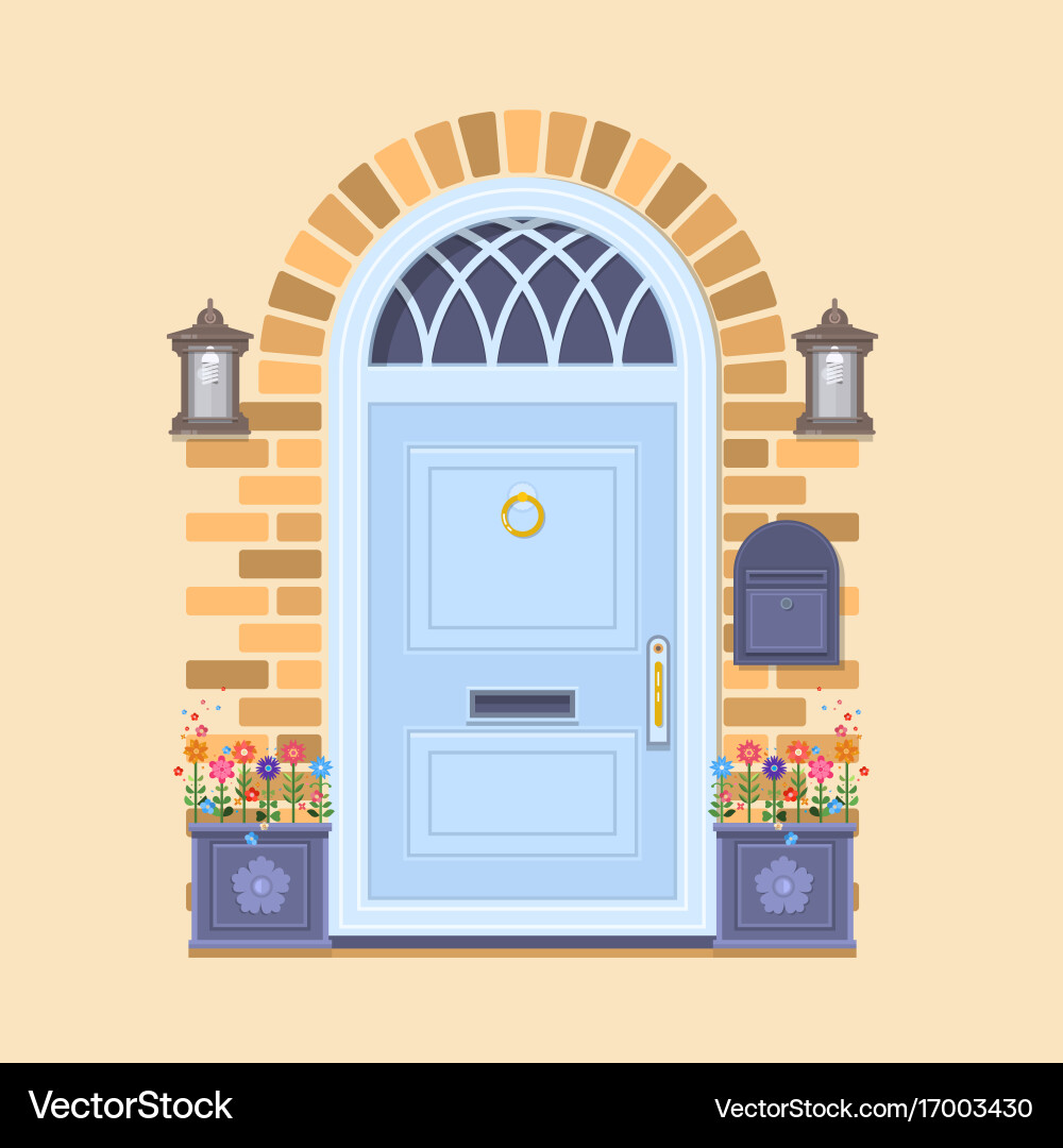 Blue front door on the yellow brick wall with two Vector Image