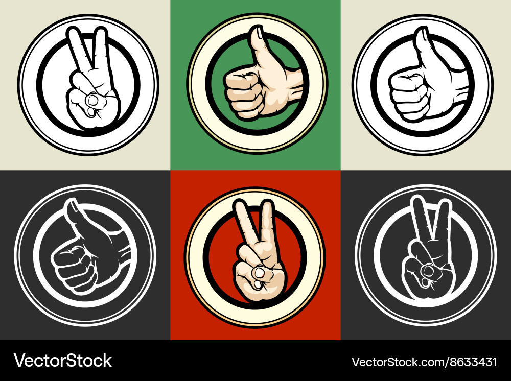 Thumb up und Sieg Gesten Emblem gesetzt Lizenzfreier Vektor