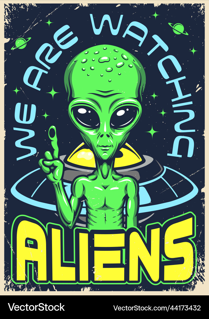 Alien watching vintage poster colorful Royalty Free Vector
