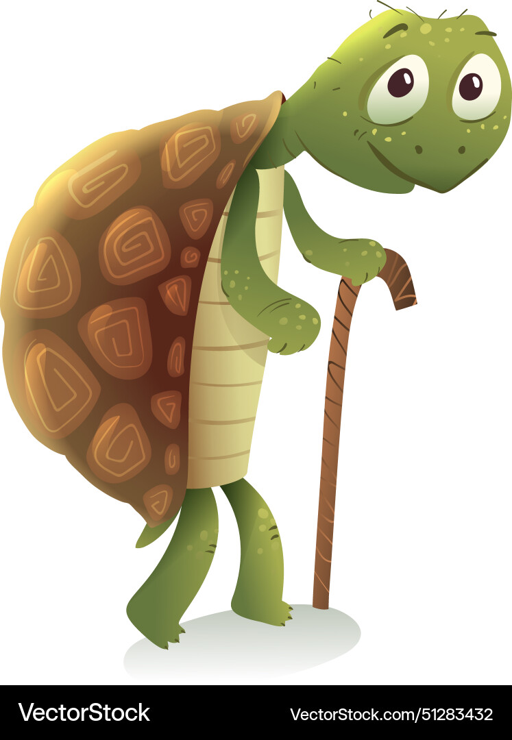 Old happy tortoise or turtle walking with cane Vector Image