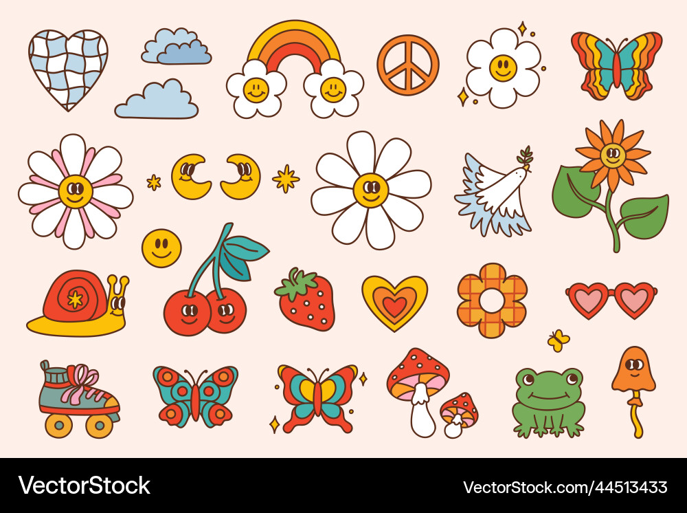 Retro set with groovy elements Royalty Free Vector Image