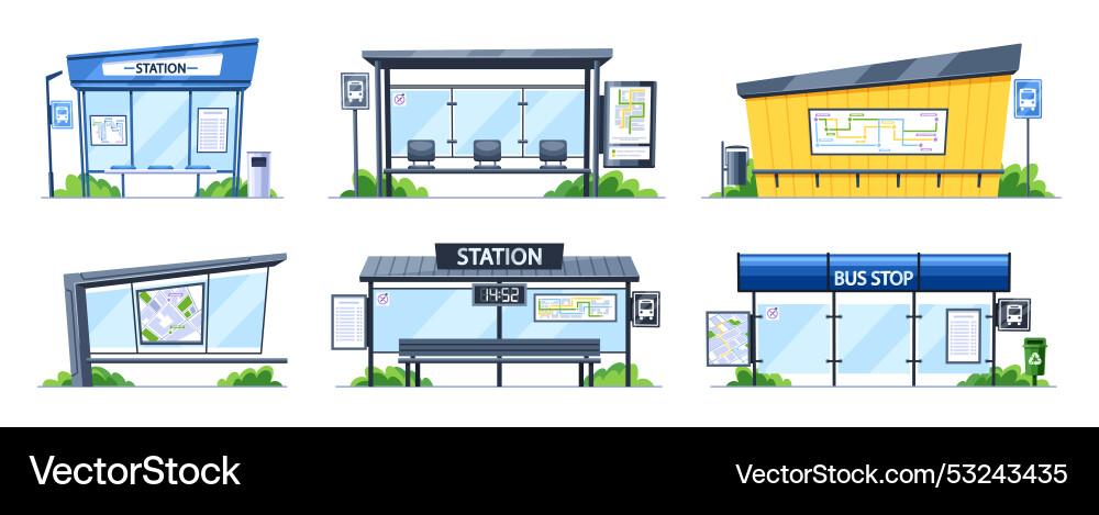Collection of bus stops and stations featuring Vector Image