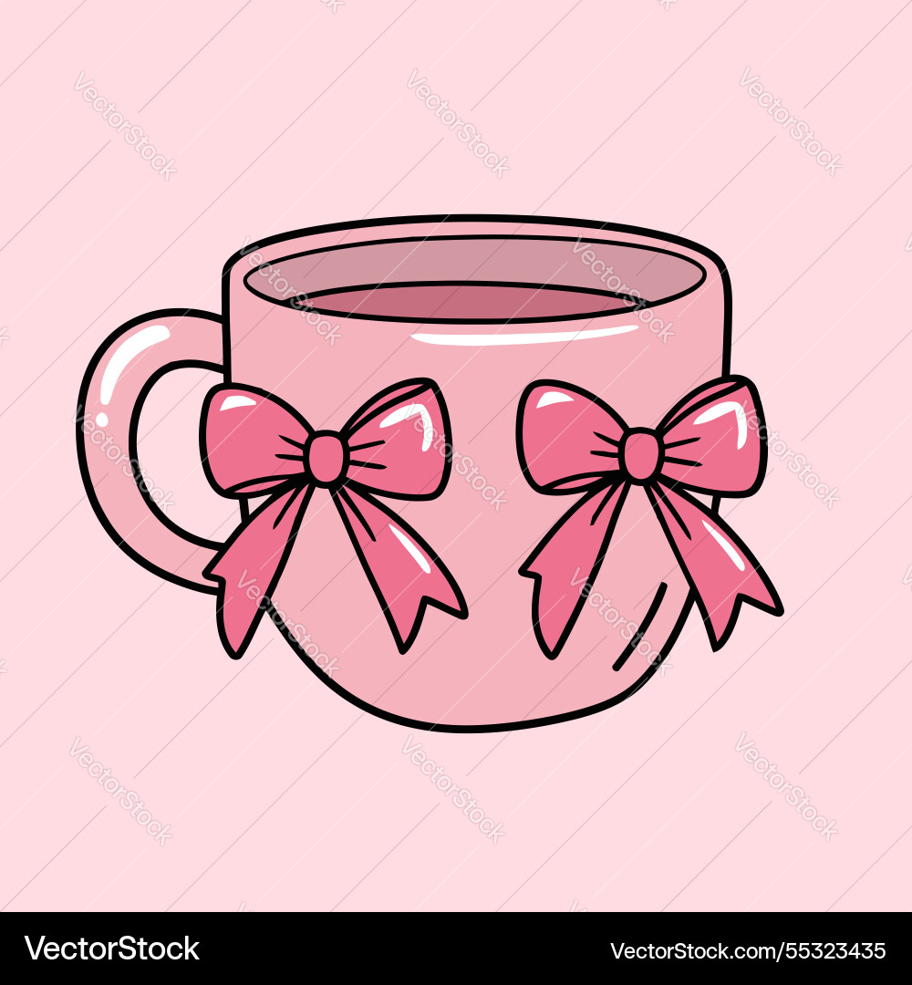 Cute pink tea cup with bows Royalty Free Vector Image