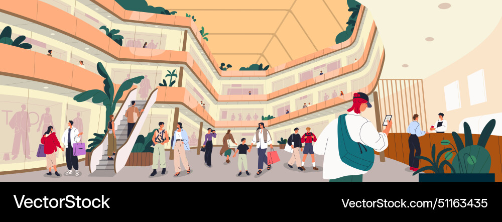 Shopping mall interior scene with people walking Vector Image