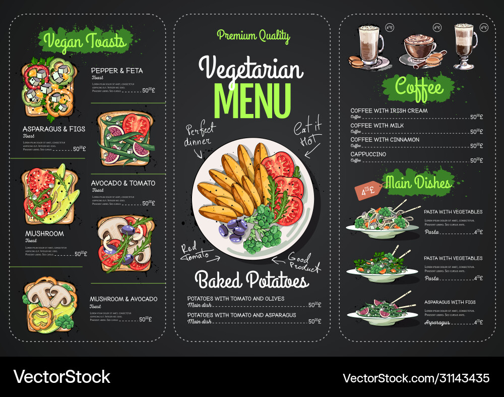Vegetarian menu design with vegan meals – Royalty-Free Vector | VectorStock
