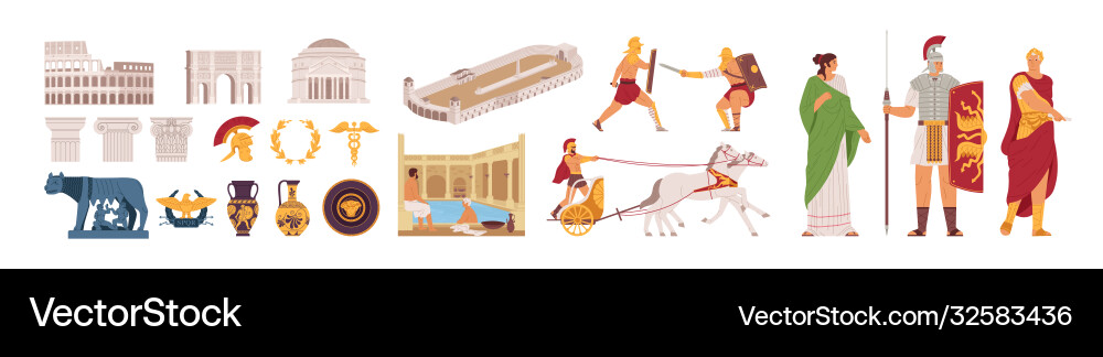 Ancient rome empire symbols and characters set Vector Image