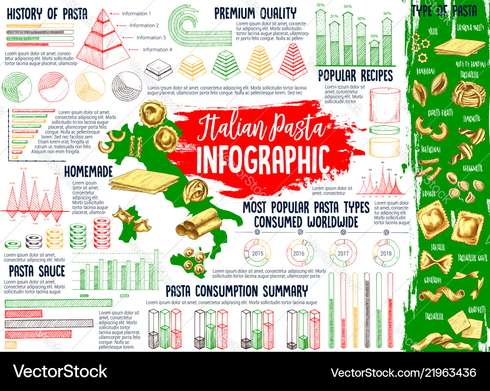 Italian pasta infographics with charts Royalty Free Vector