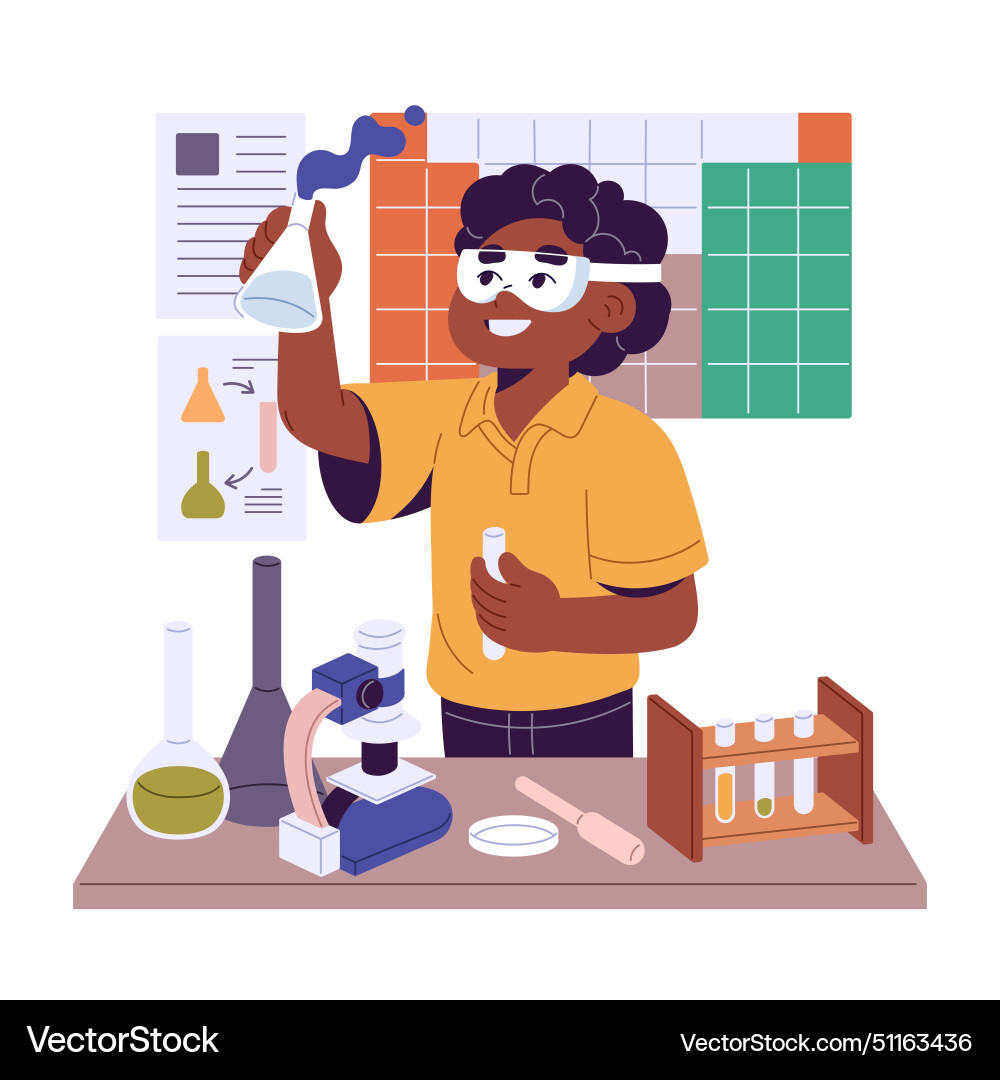 Schoolboy goes science in chemistry lab student Vector Image