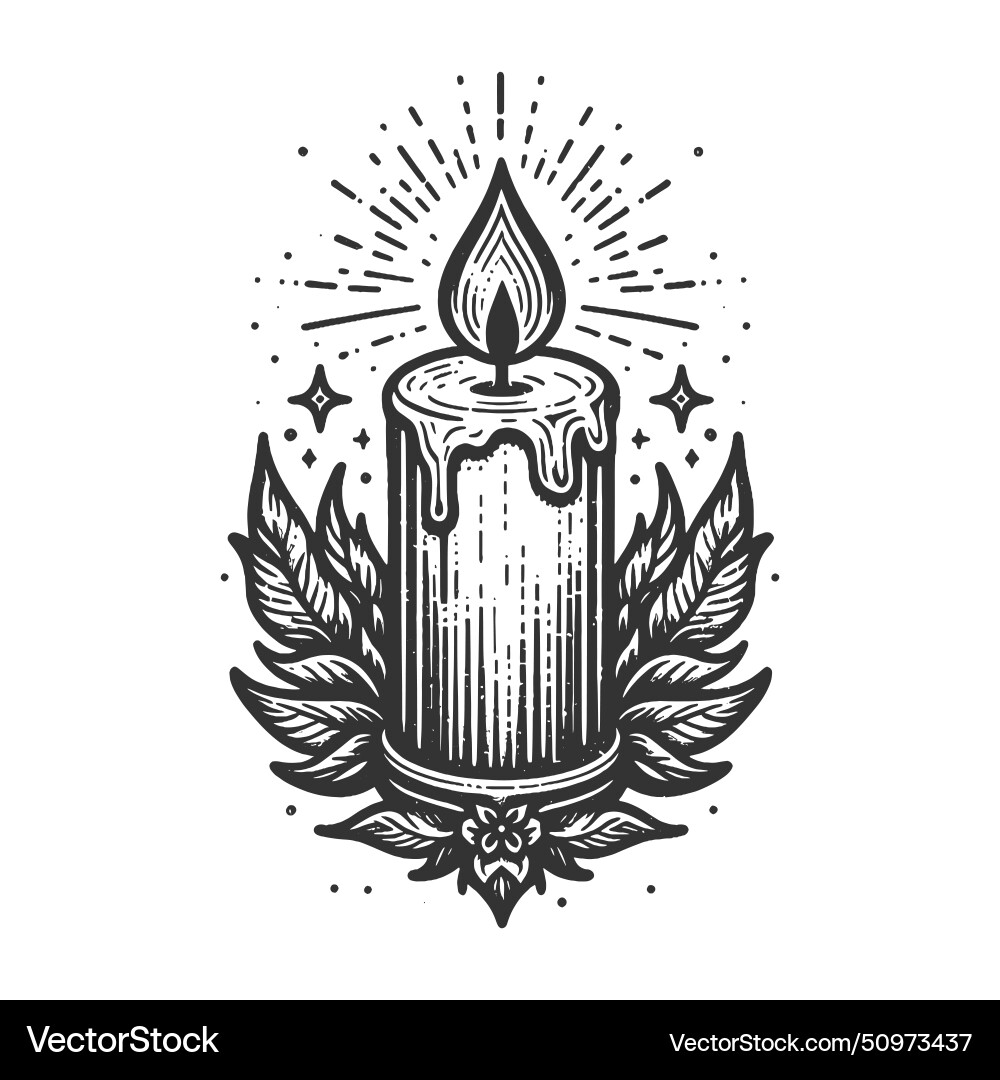 Lit candle in holder engraving Royalty Free Vector Image