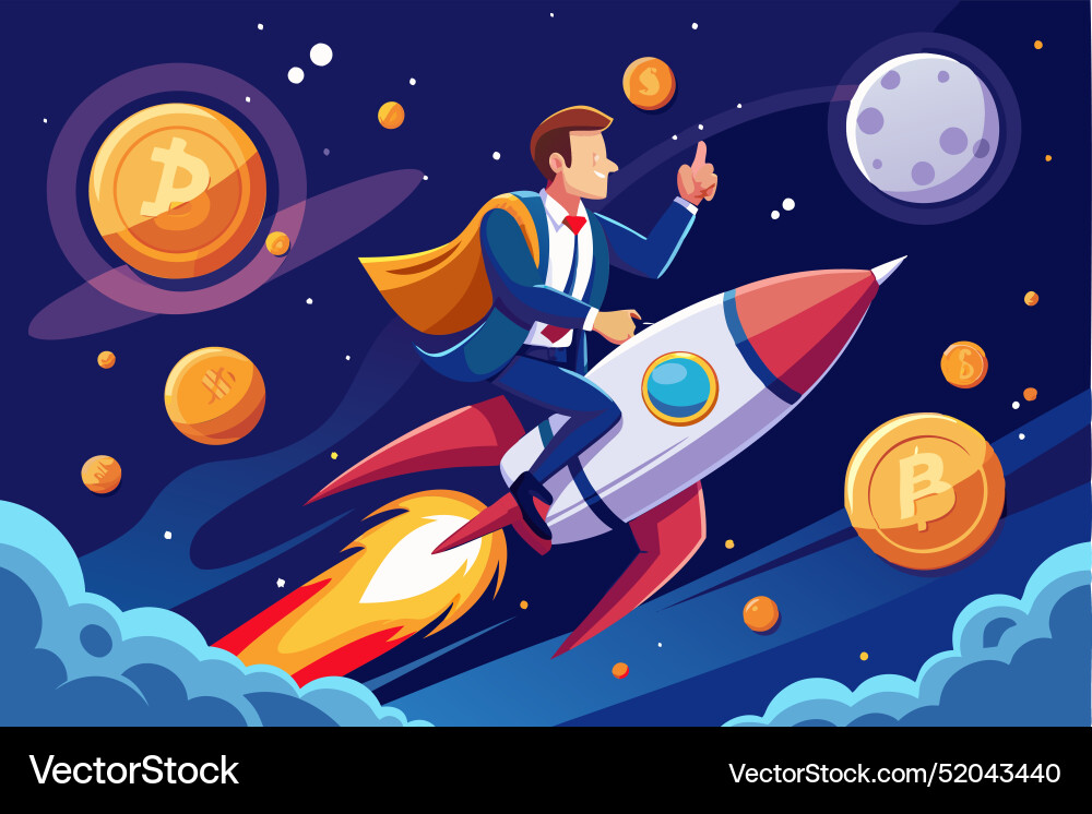 Cryptocurrency investor riding rocket Royalty Free Vector