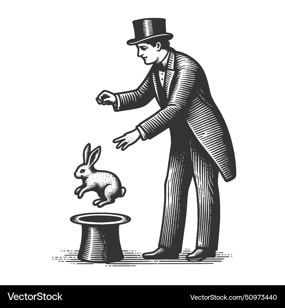 Magician pulling rabbit hat vintage Royalty Free Vector