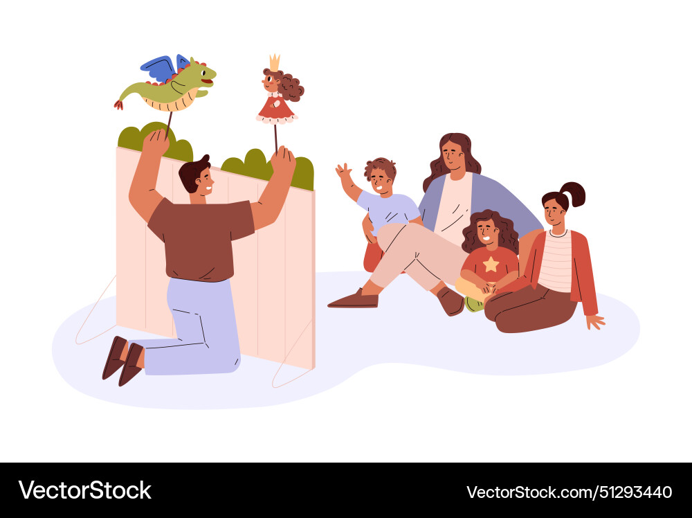 Man performs the puppet show for children Vector Image