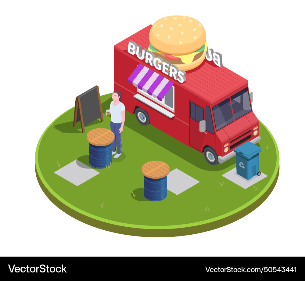 Burgers truck isometric composition Royalty Free Vector