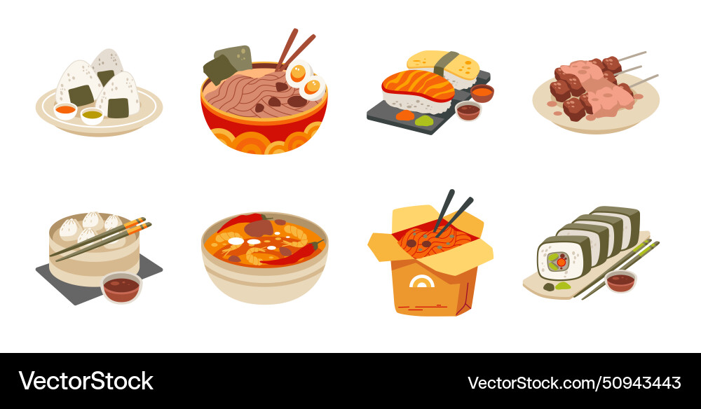 Asian foods set cuisine Royalty Free Vector Image
