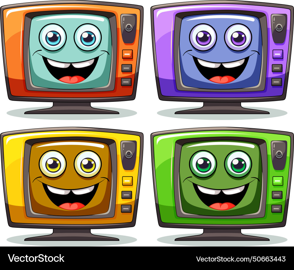 Four animated tvs with cheerful expressions Vector Image