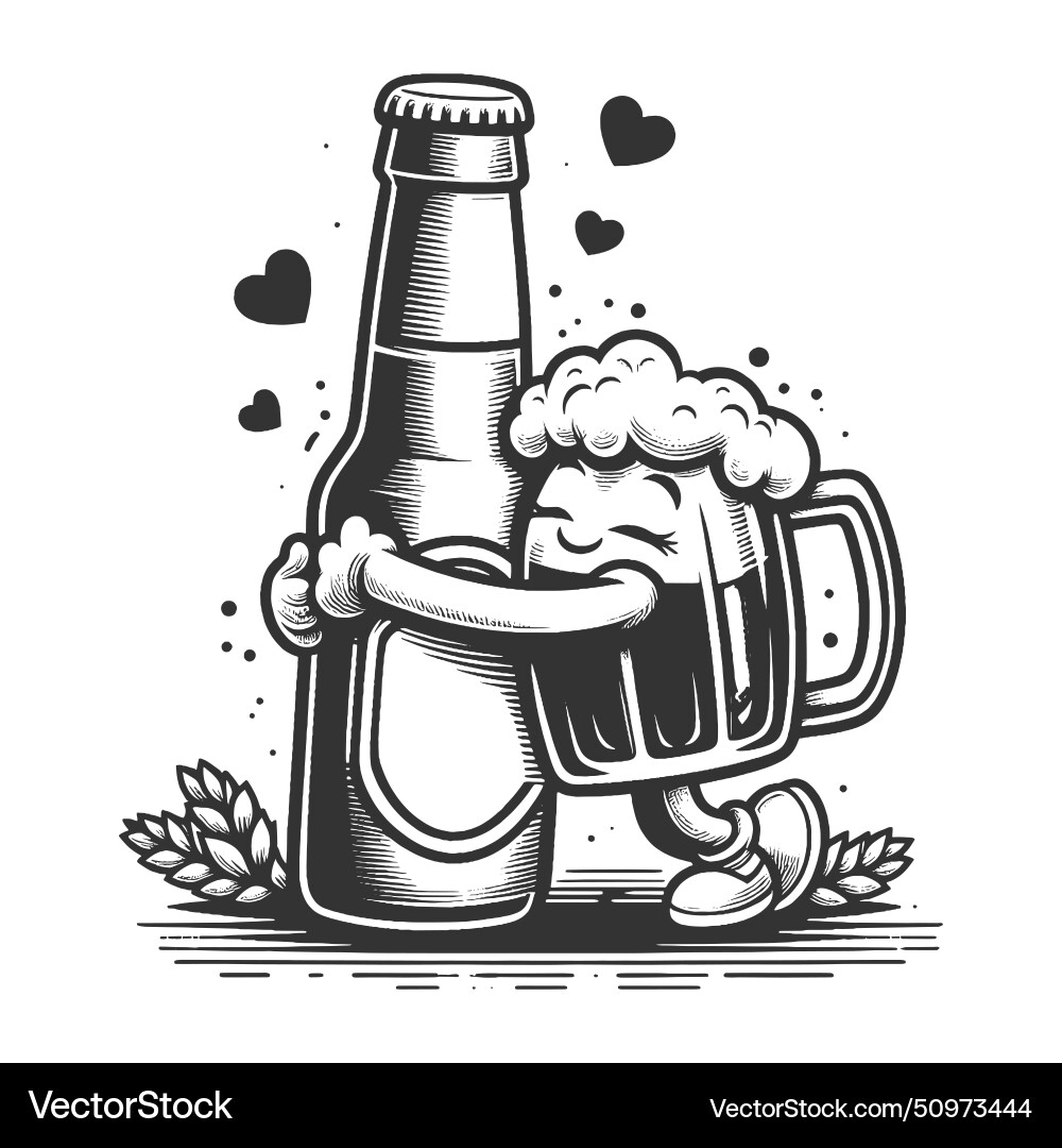 Love for beer bottle and mug embrace Royalty Free Vector