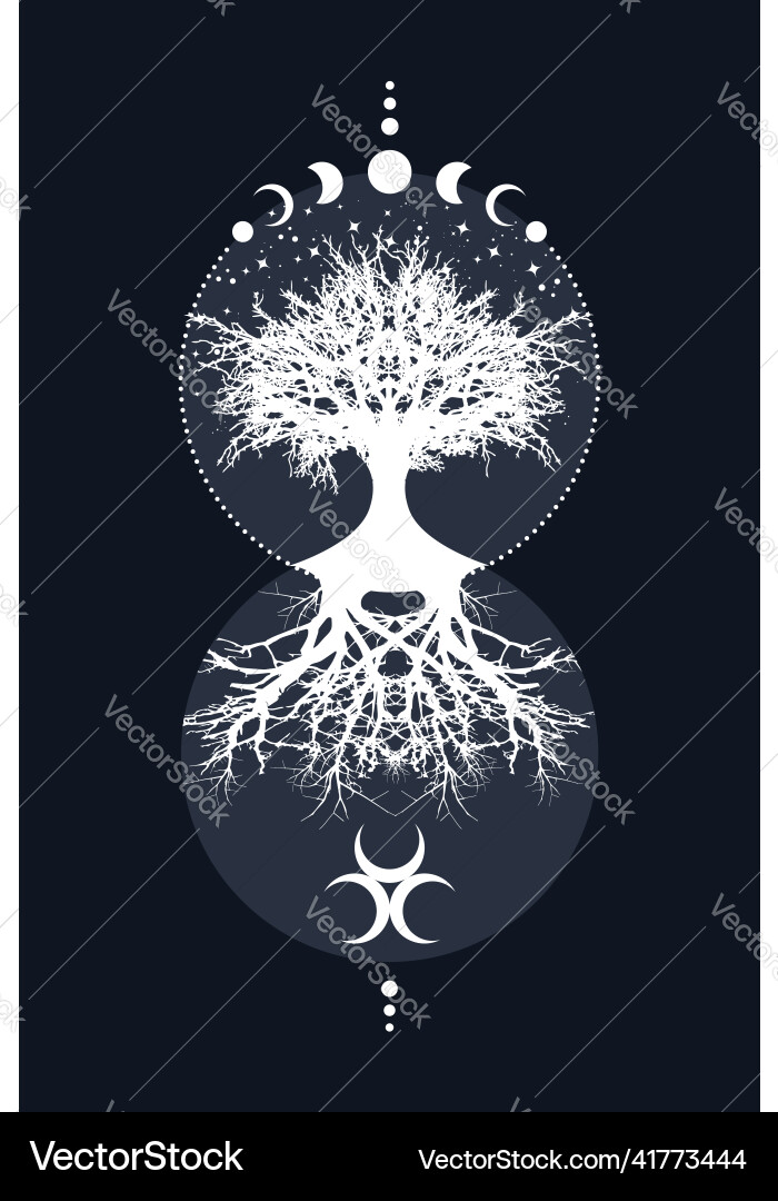 Sacred tree and crescent moon triple goddess logo Vector Image