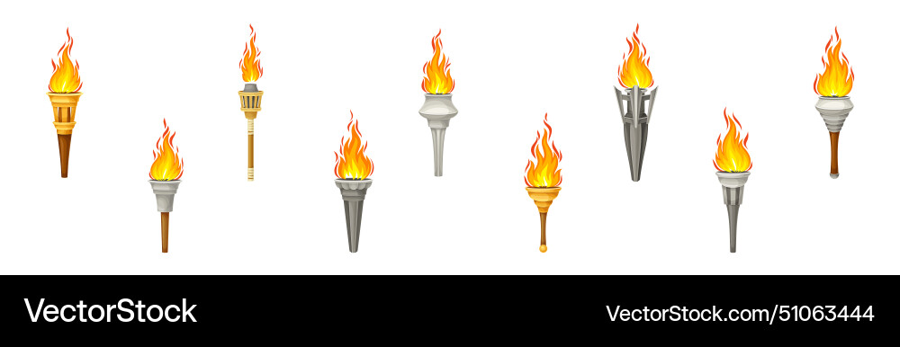 Torch with bright burning fire flame set Vector Image