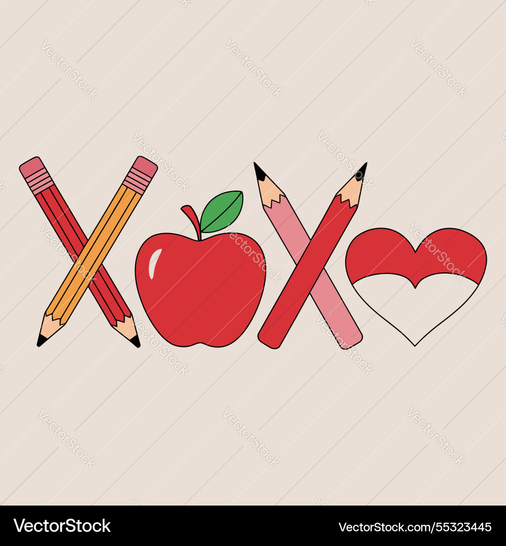 Cute xoxo design with pencils and apple Royalty Free Vector
