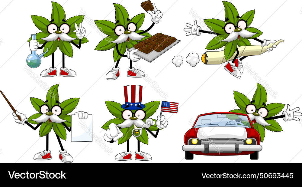 Funny marijuana leaf cartoon characters Royalty Free Vector