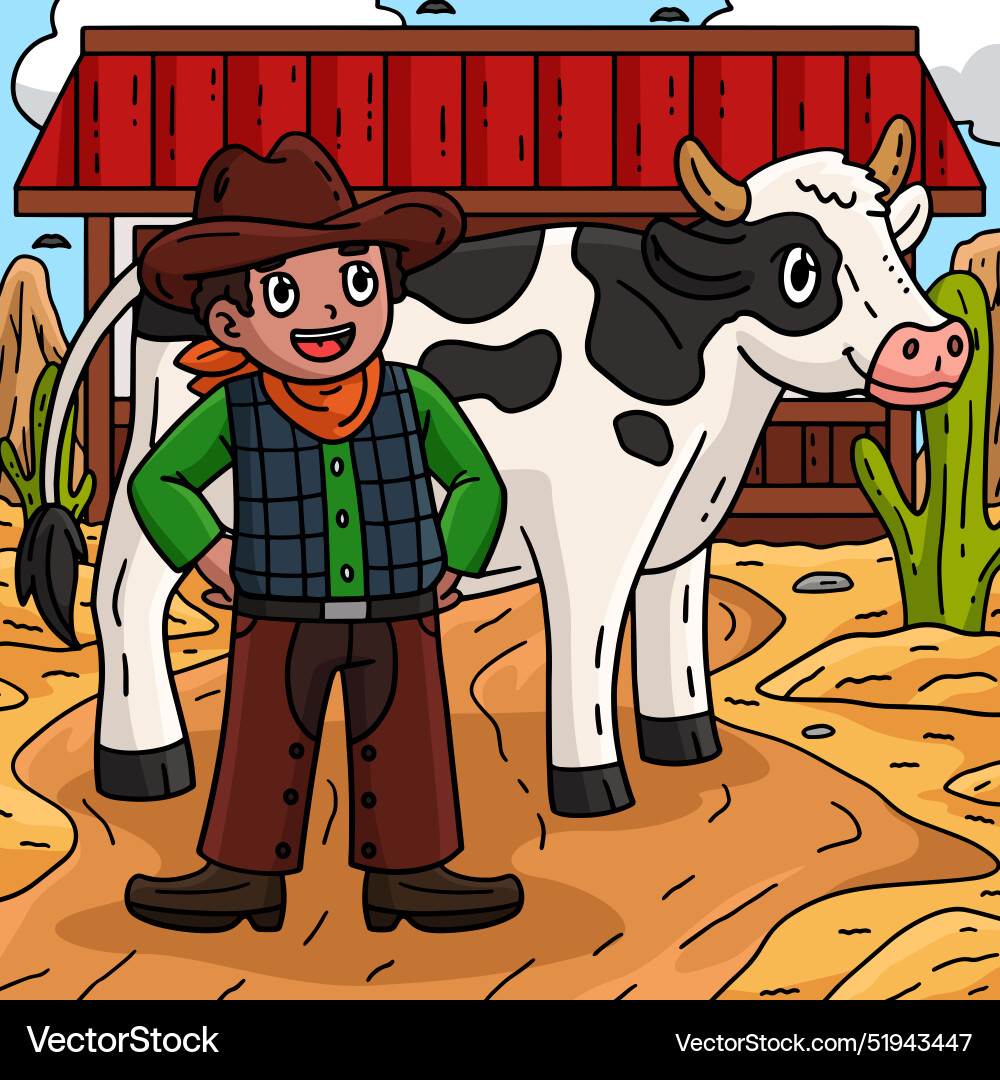 Cowboy and cow colored cartoon Royalty Free Vector Image