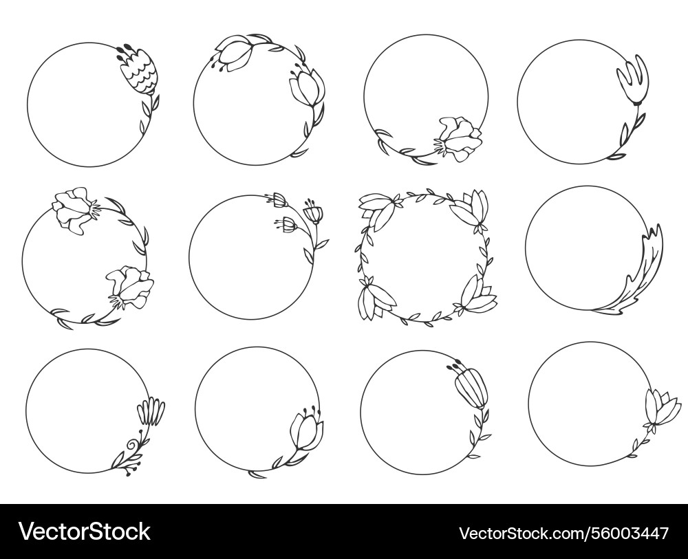 Linear round hand-drawn floral frames Royalty Free Vector