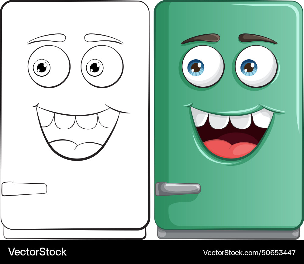 Two smiling animated fridges with expressive faces