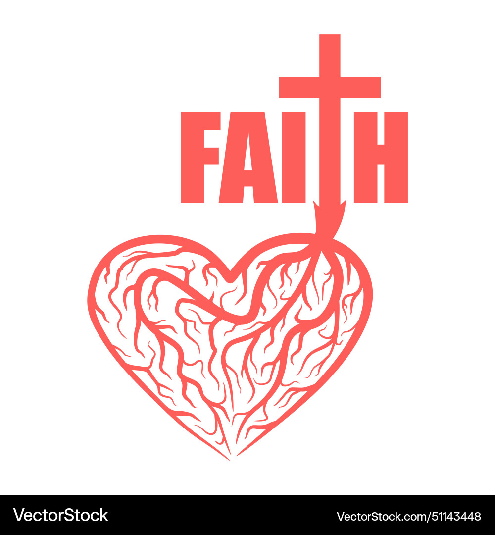 Heart shaped tree with christian cross and curled Vector Image
