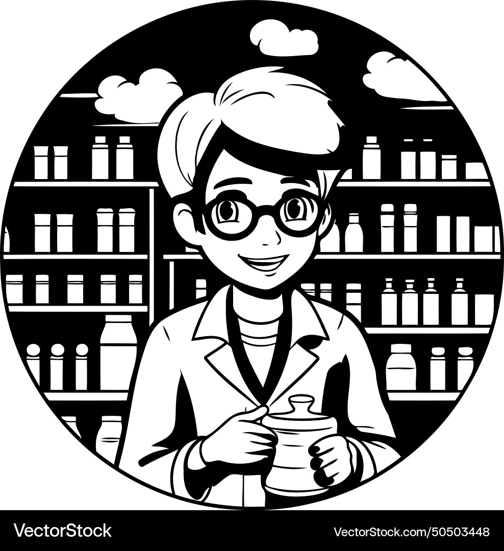 Pharmacist in a shop monochrome Royalty Free Vector Image