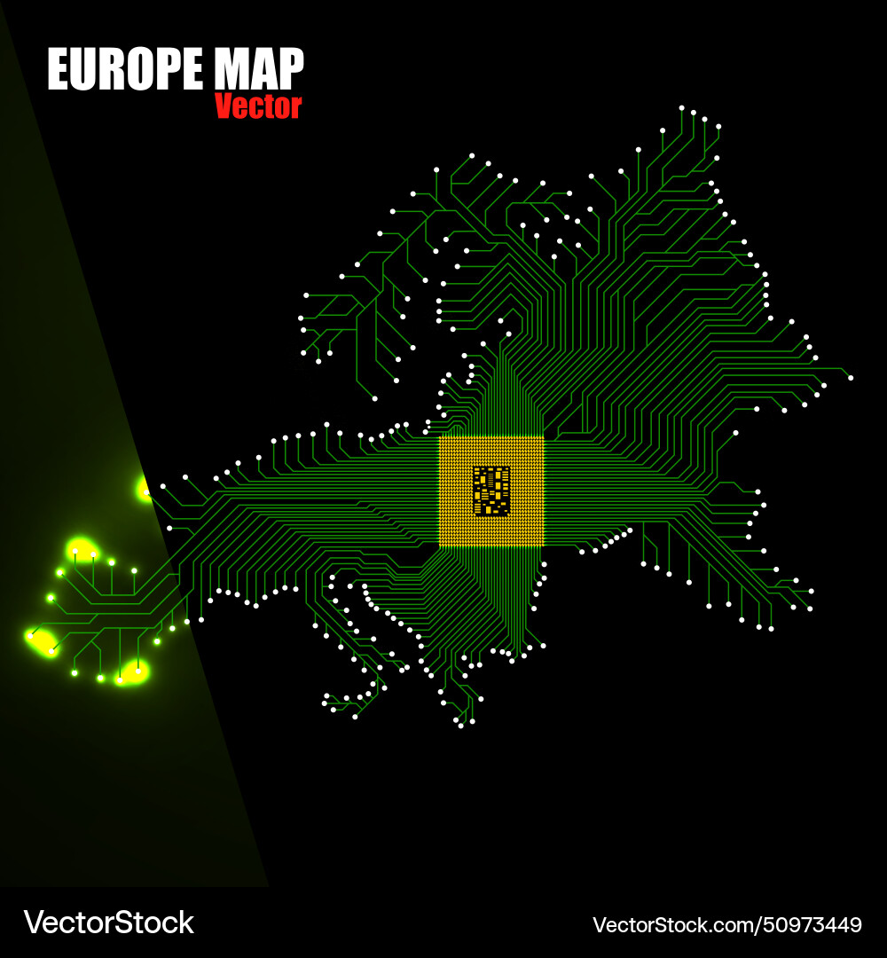 Abstract europe map with cpu glowing circuit Vector Image