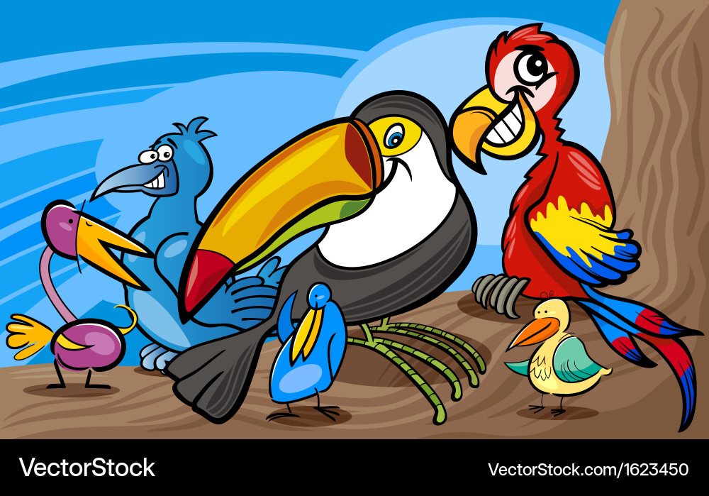 Exotic birds group cartoon Royalty Free Vector Image