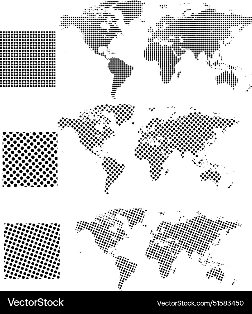 Set of dotted world maps in different resolution Vector Image