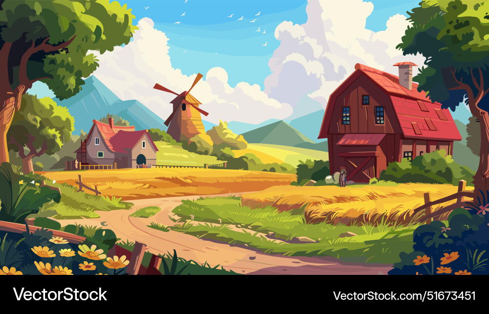 Cartoon horizontal farm background with mill barn Vector Image