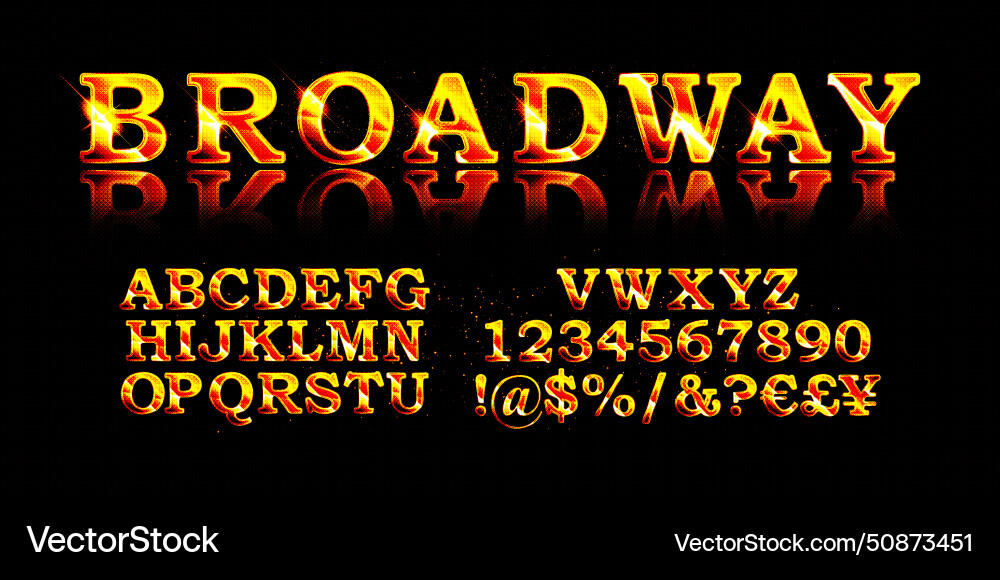 Gold broadway font with lamps turned Royalty Free Vector