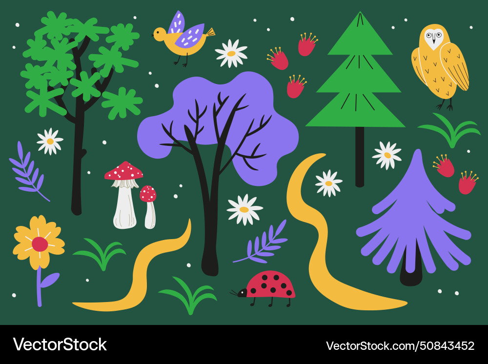 Forest card set with trees birds owl ladybug Vector Image