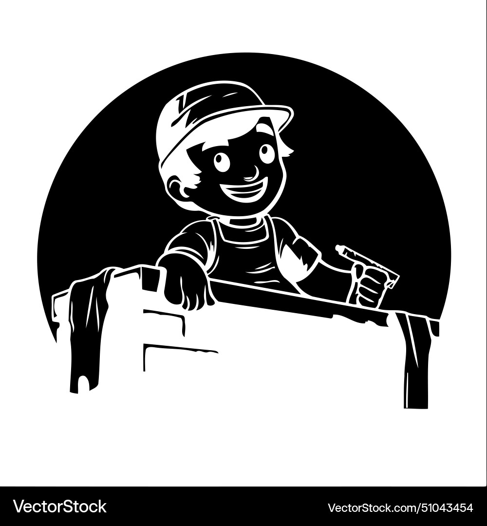 Cartoon worker building a brick wall Royalty Free Vector