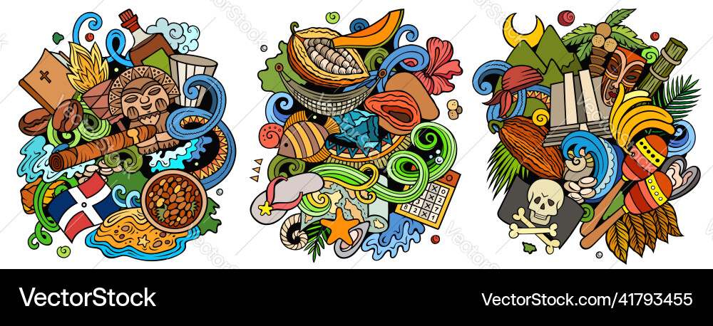 Dominican republic cartoon doodle designs set Vector Image