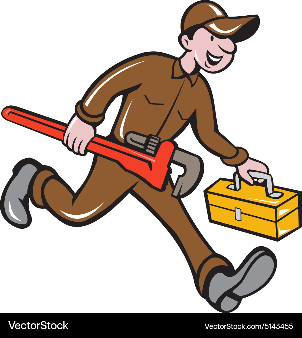 Plumber carrying monkey wrench toolbox cartoon Vector Image