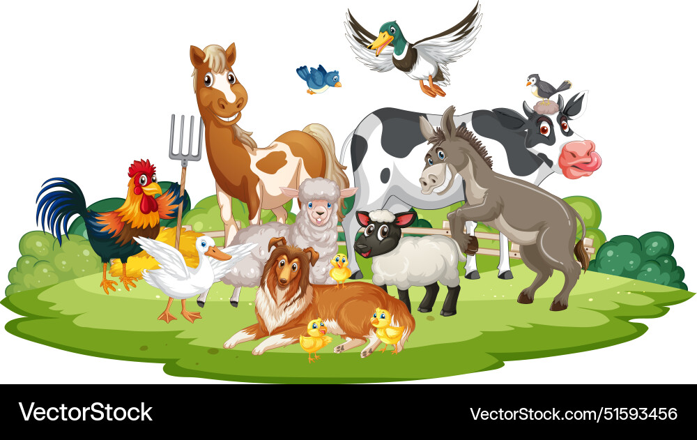 Various farm animals together on green pasture Vector Image