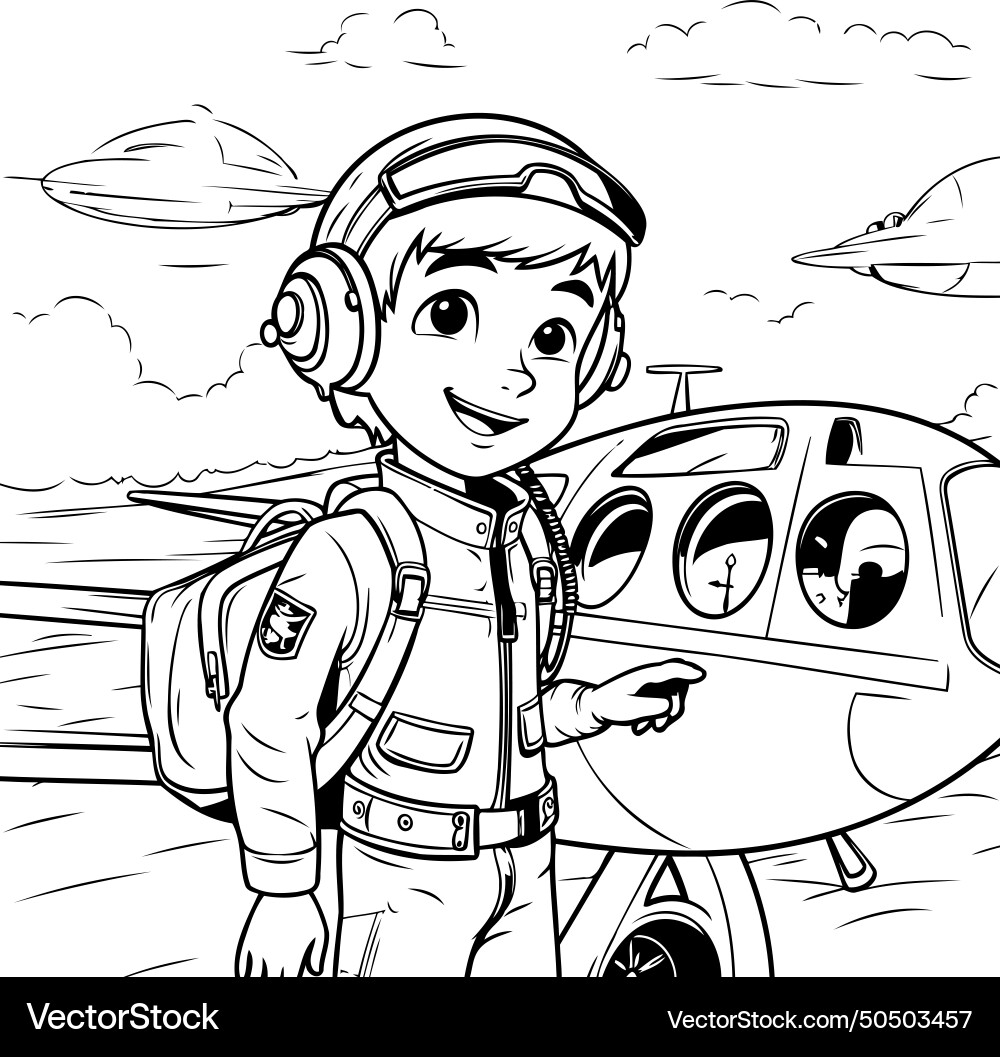 Boy pilot and helicopter on the background Vector Image