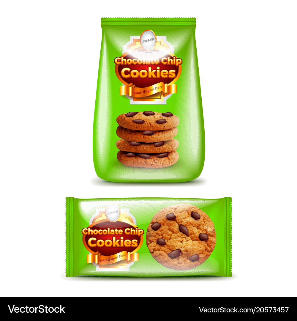 Chocolate chip cookies packaging 3d realistic Vector Image