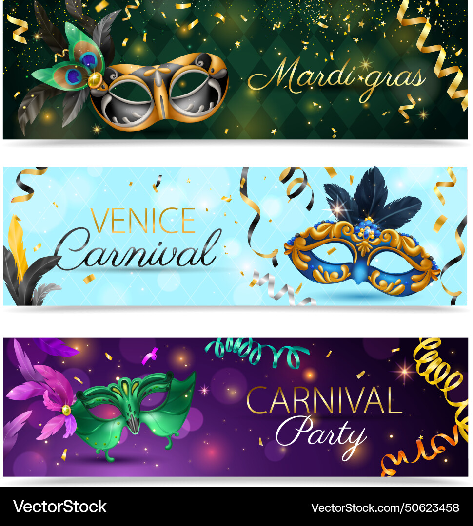 Realistic carnival mask horizontal banner set Vector Image