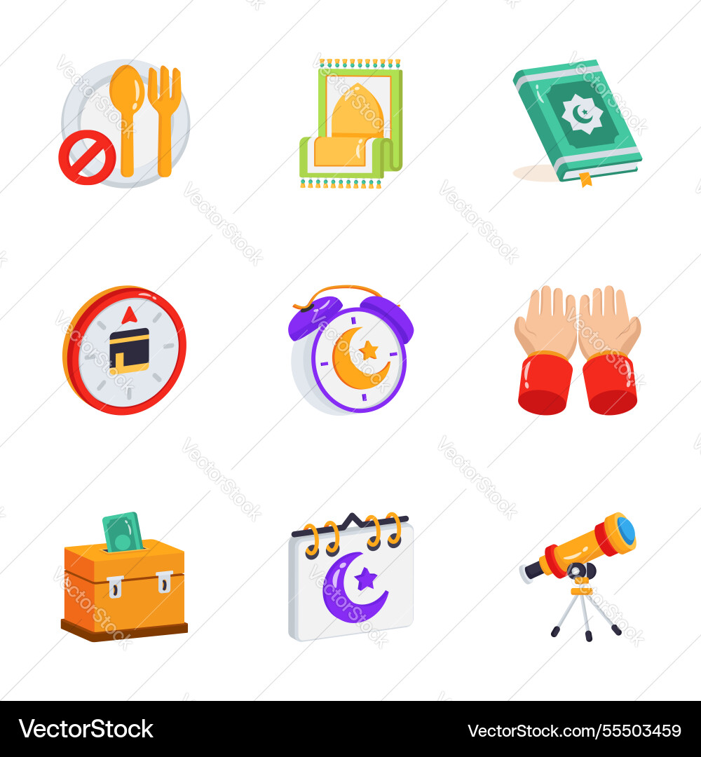 Flat icons depicting islamic practices and rituals