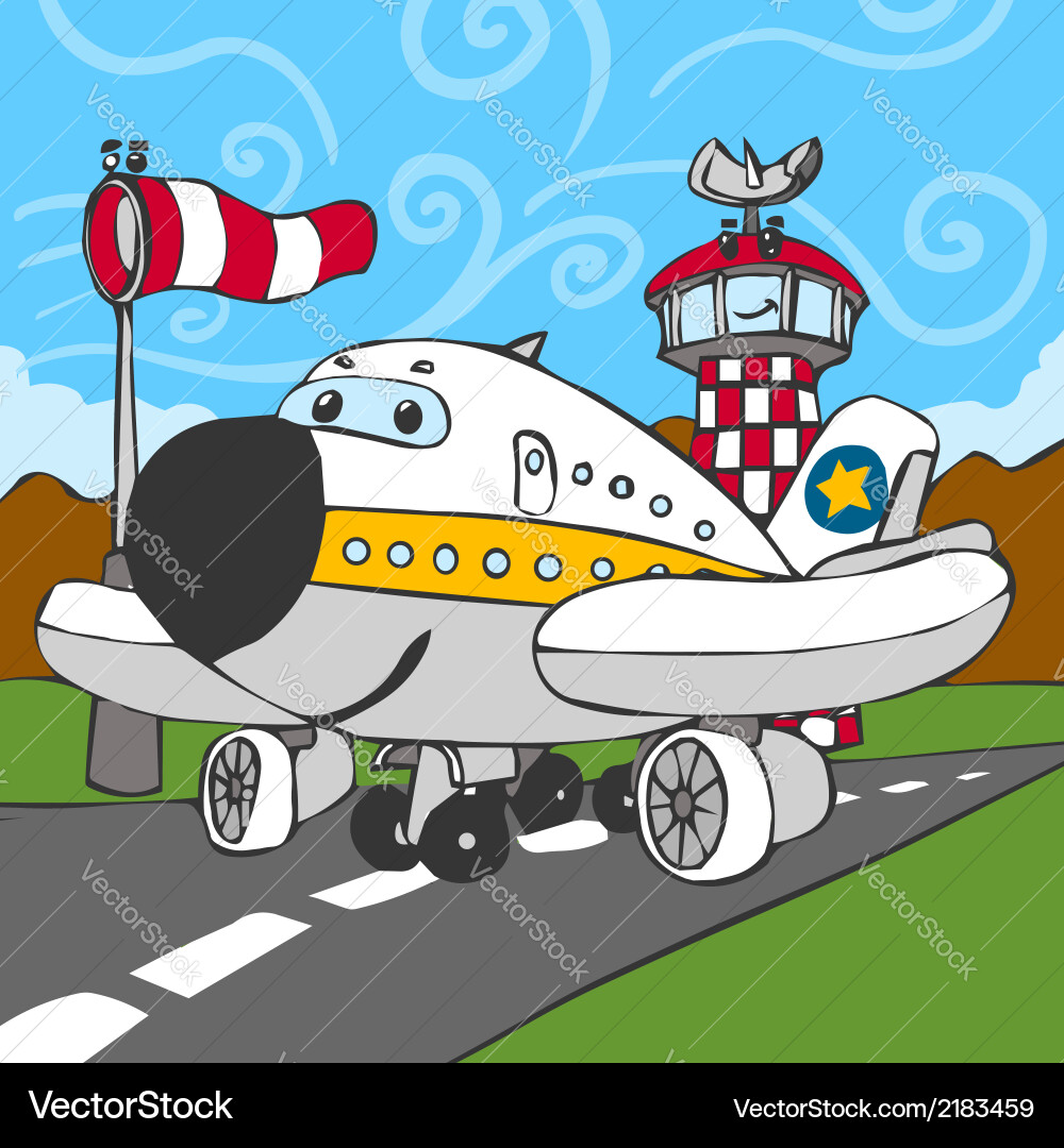 Funny airplane on airstrip and control tower Vector Image