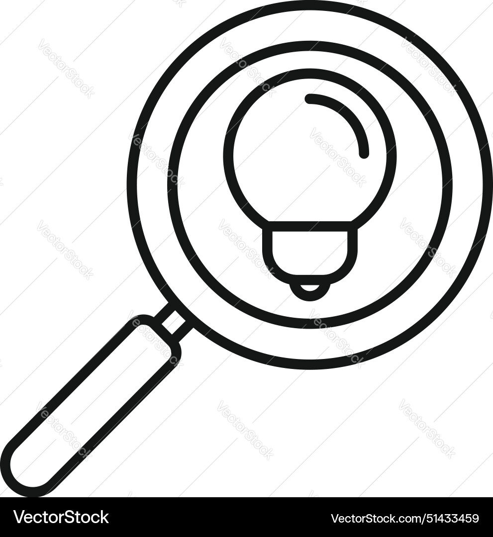 Magnifying glass inspecting light bulb line art Vector Image