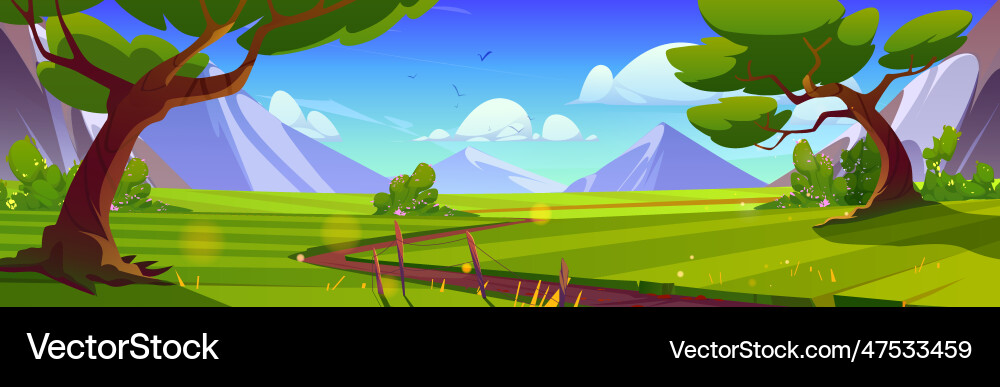 Path road in forest near mountain and grass field Vector Image