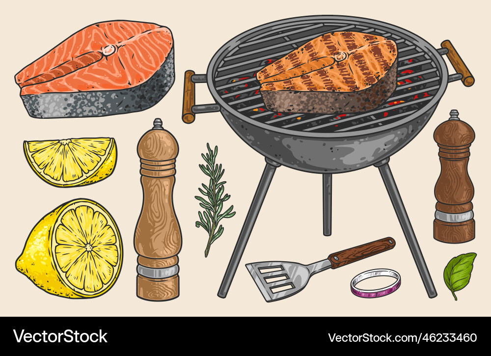Fish steak set stickers colorful Royalty Free Vector Image