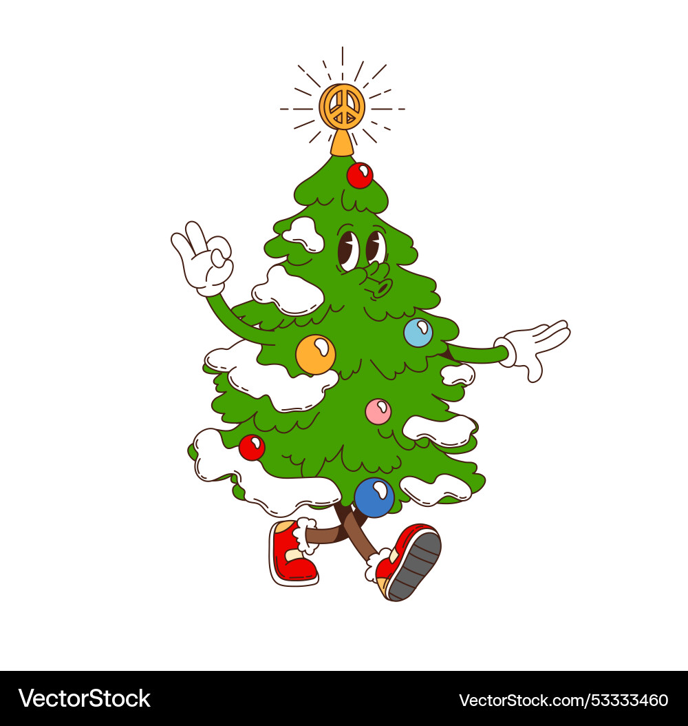 Retro cartoon groovy christmas pine tree character