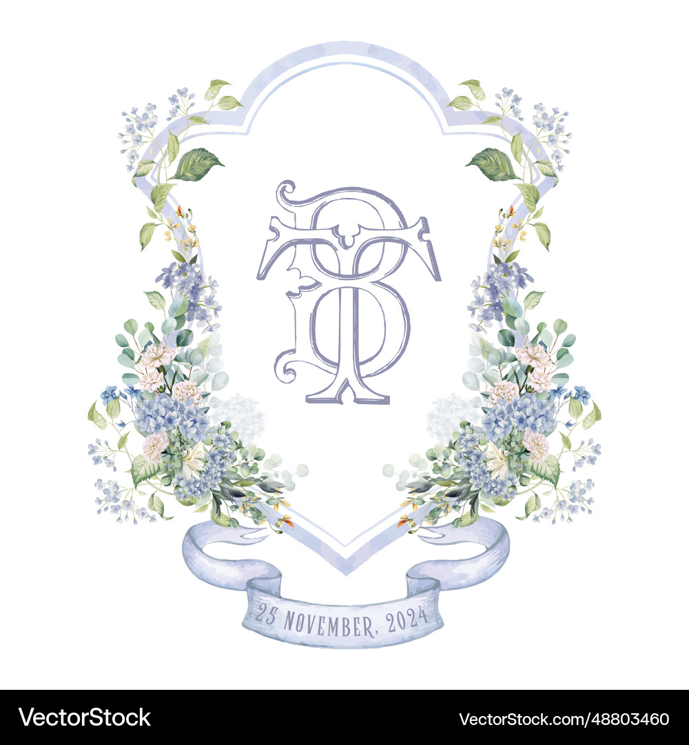 Tb bt initial watercolor floral crest design Vector Image